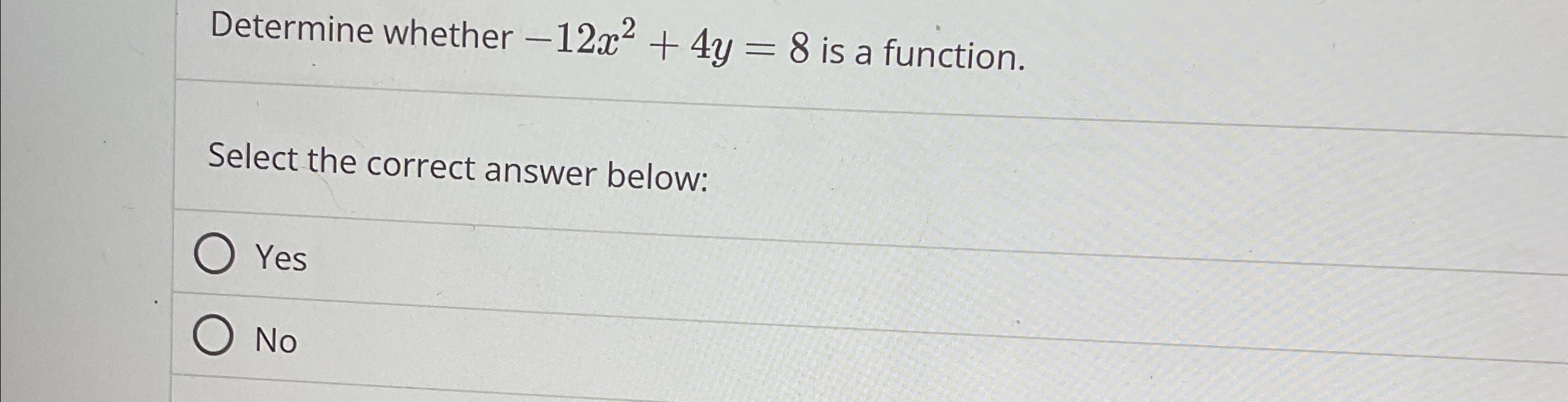 Solved Determine whether -12x2+4y=8 ﻿is a function.Select | Chegg.com