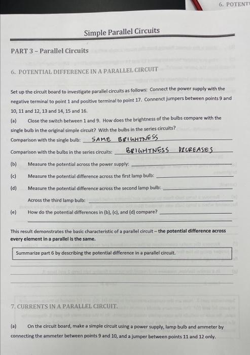 6. POTENTIAL, DIFFERENCE IN A PARALLEL, CIRCUIT Set | Chegg.com