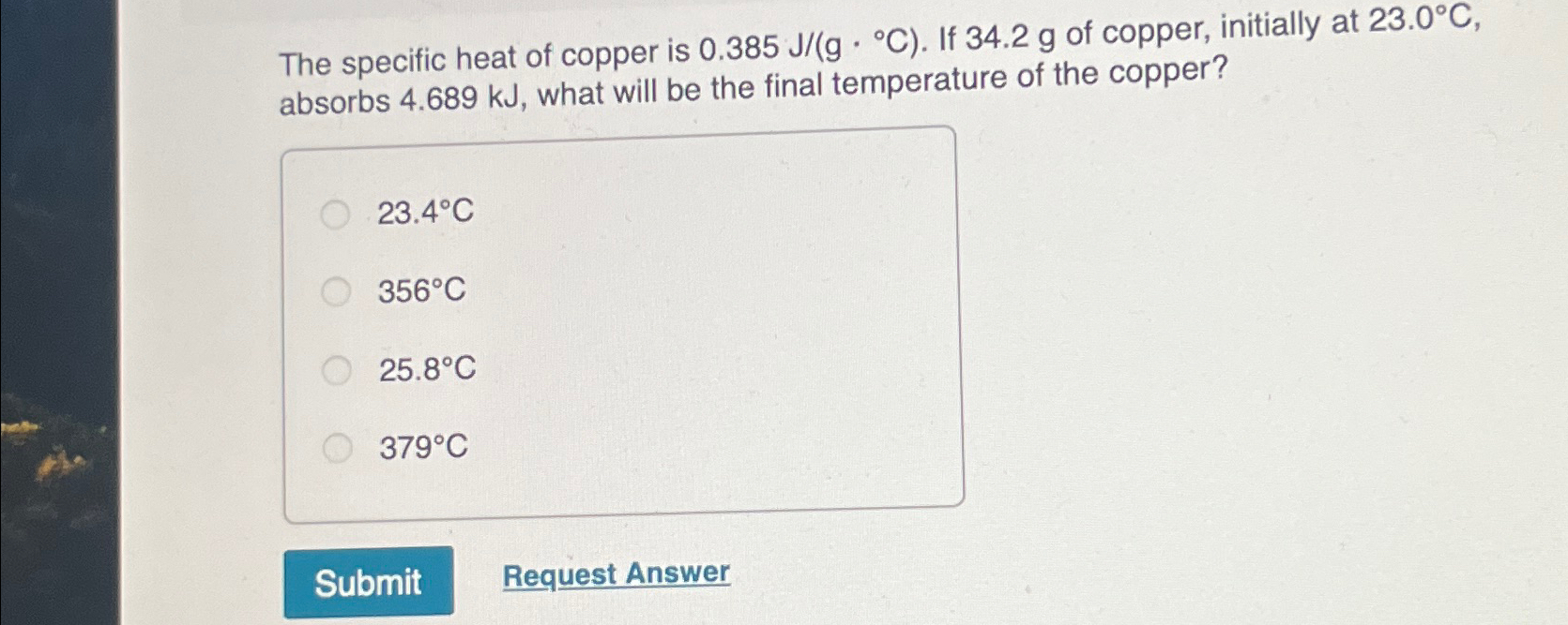 Solved The specific heat of copper is 0.385(J)/(g*\\\\deg | Chegg.com