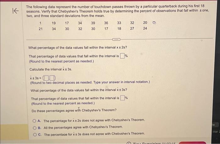 Solved The tollowing data represent the number of touchdown | Chegg.com