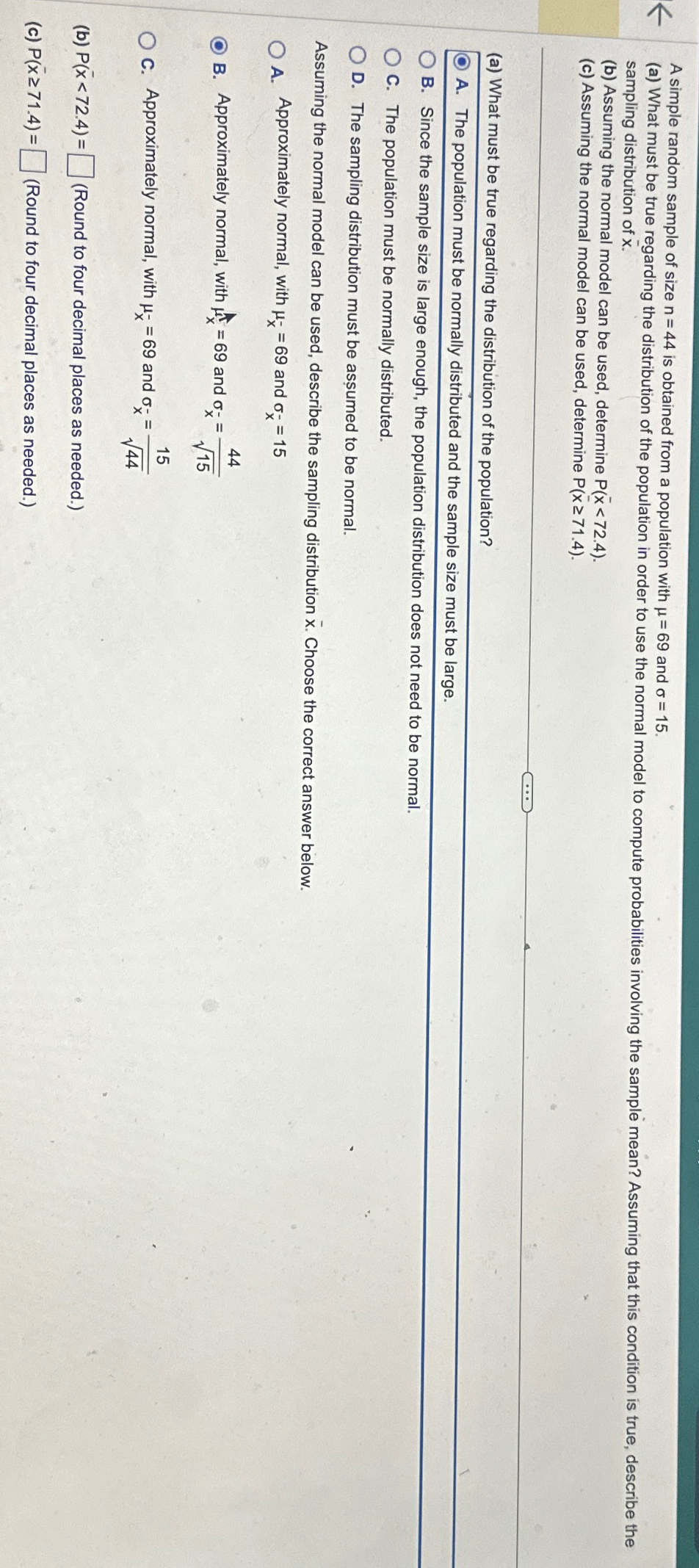 Solved A simple random sample of size n=44 ﻿is obtained from | Chegg.com