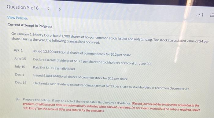 Solved Question 5 of 6 - / 1 TIL View Policies Current | Chegg.com
