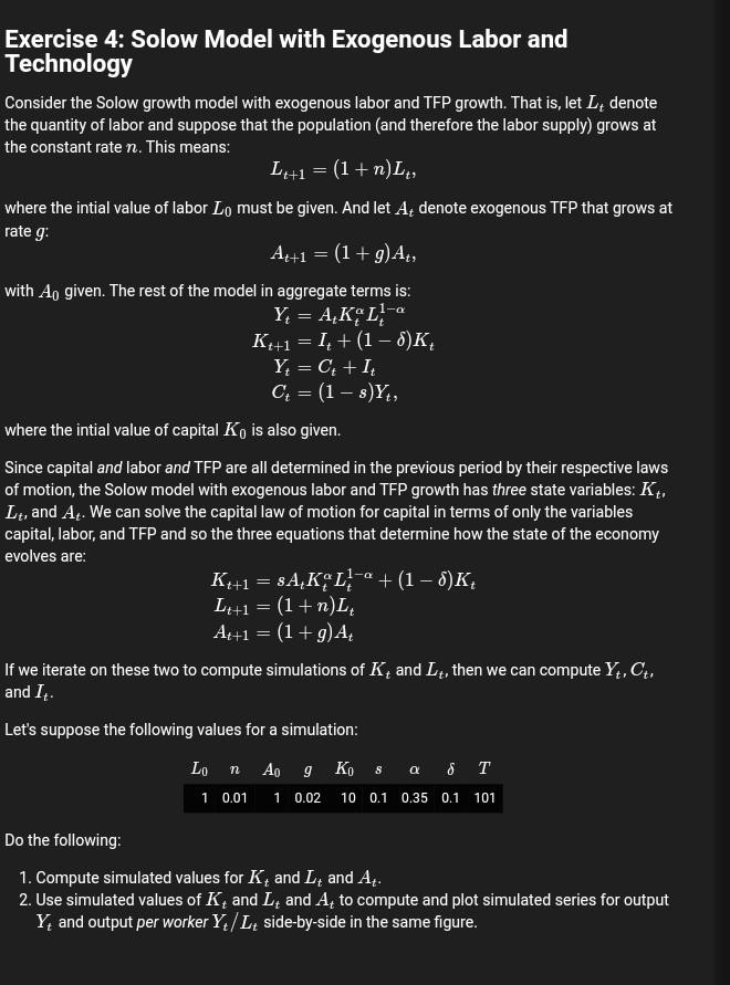 Solved = Exercise 4: Solow Model with Exogenous Labor and | Chegg.com