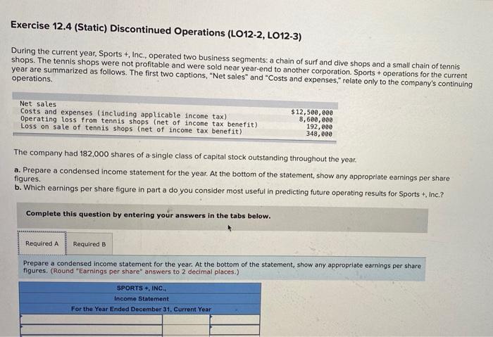 Solved Exercise 12.4 (Static) Discontinued Operations | Chegg.com