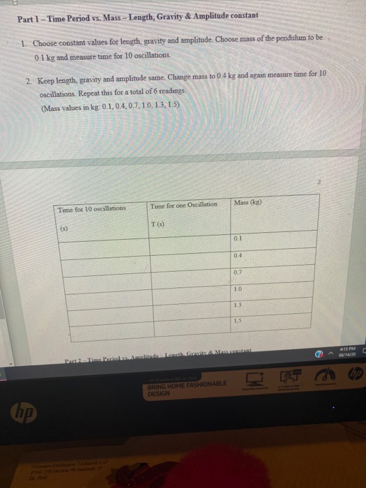 Solved Part 1 - Time Period vs. Mass - Length, Gravity & | Chegg.com