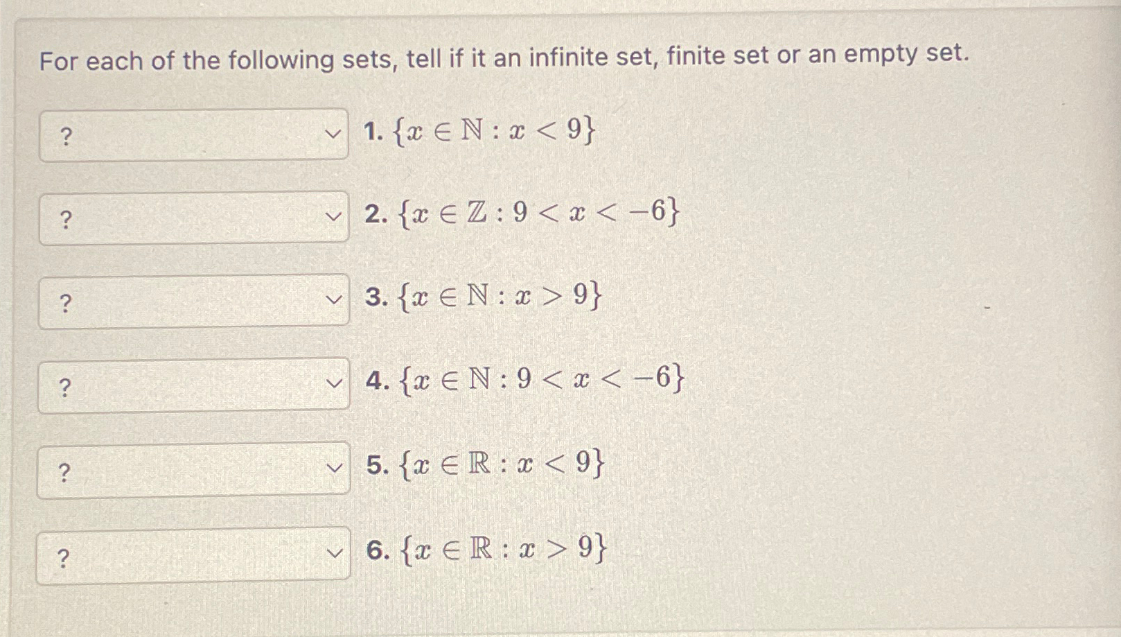 Solved For each of the following sets, tell if it an | Chegg.com