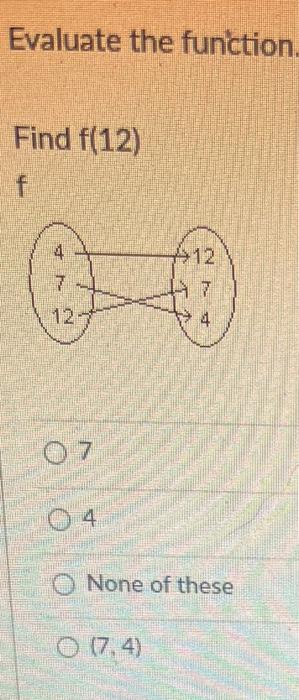 Solved Evaluate the function. Find f(12) f 7 4 None of these | Chegg.com