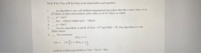 Solved Write T for True or F for False in the blank before | Chegg.com
