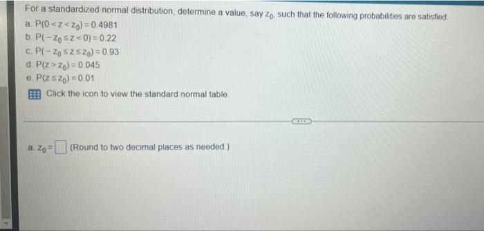 Solved For a standardized normal distribution determine a | Chegg.com