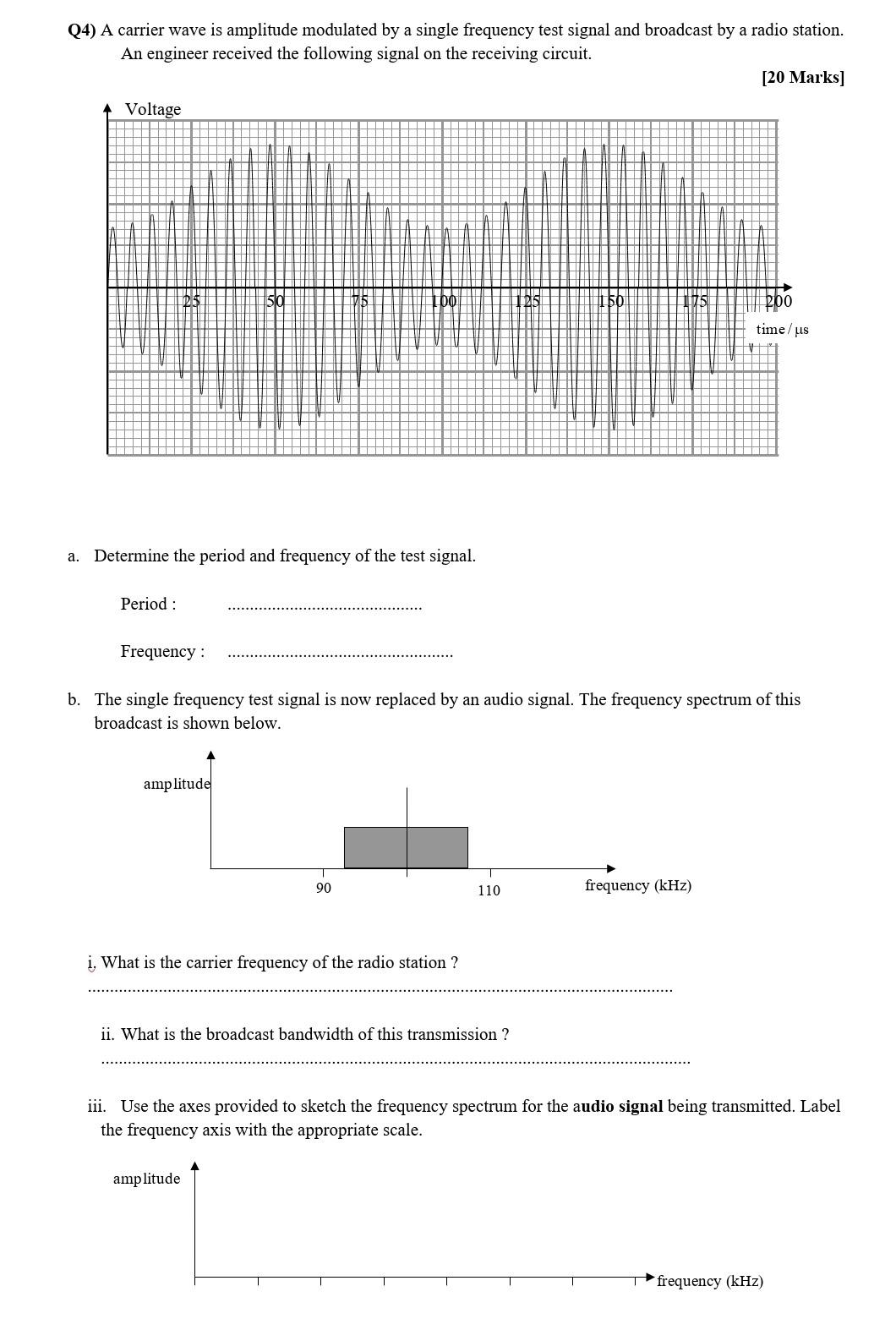 Q4) A carrier wave is amplitude modulated by a single | Chegg.com