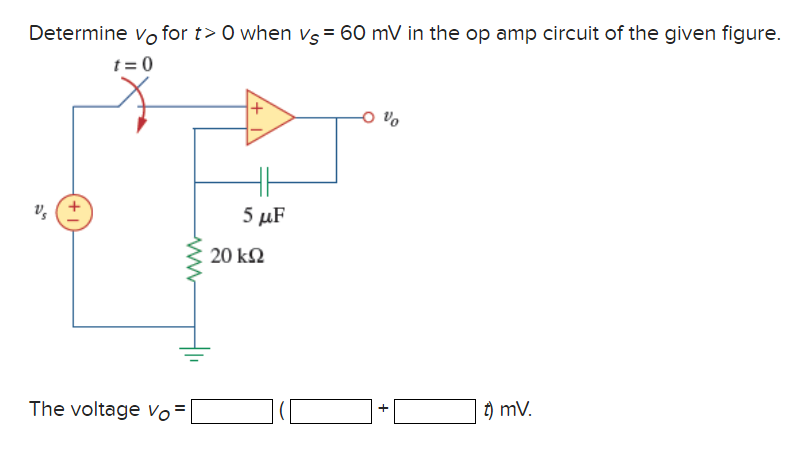 Solved Determine vO ﻿for t>0 ﻿when vS=60mV ﻿in the op amp | Chegg.com