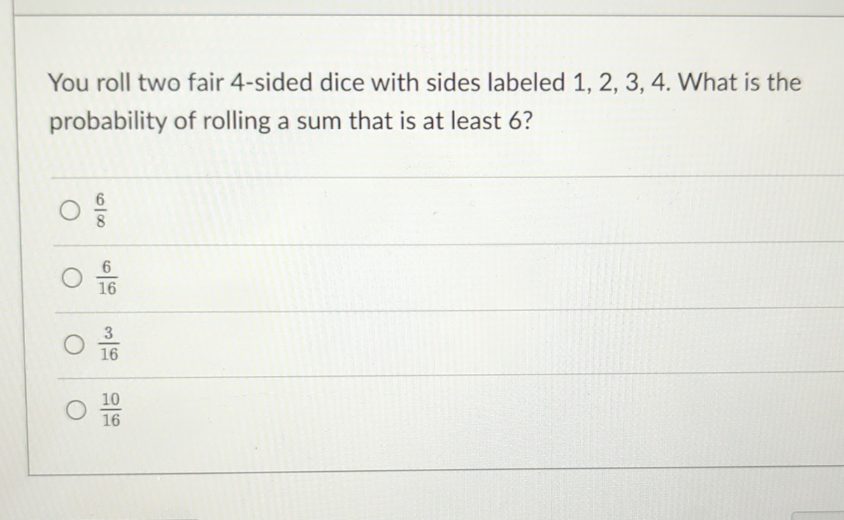 Solved You roll two fair 4-sided dice with sides labeled | Chegg.com