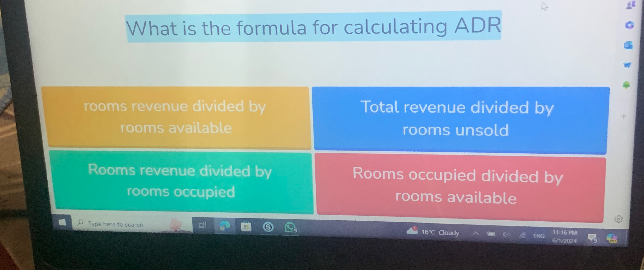 Solved What is the formula for calculating ADRrooms revenue | Chegg.com