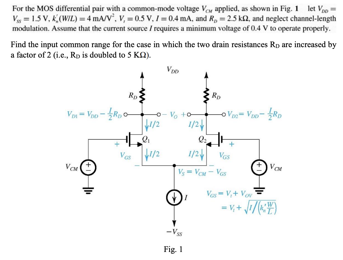 Solved For the MOS differential pair with a common-mode | Chegg.com