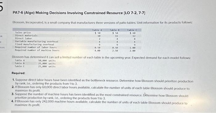 Solved PA7-6 (Algo) Making Decisions Involving Constrained | Chegg.com