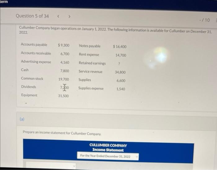 Solved term Question 5 of 34 - / 10 Cullumber Company began | Chegg.com