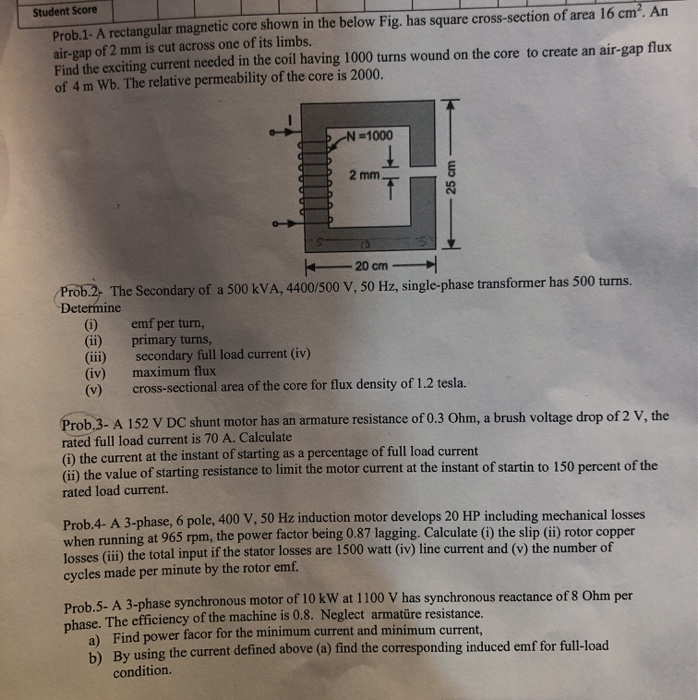 Solved Student Score Prob.1. A rectangular magnetic core | Chegg.com