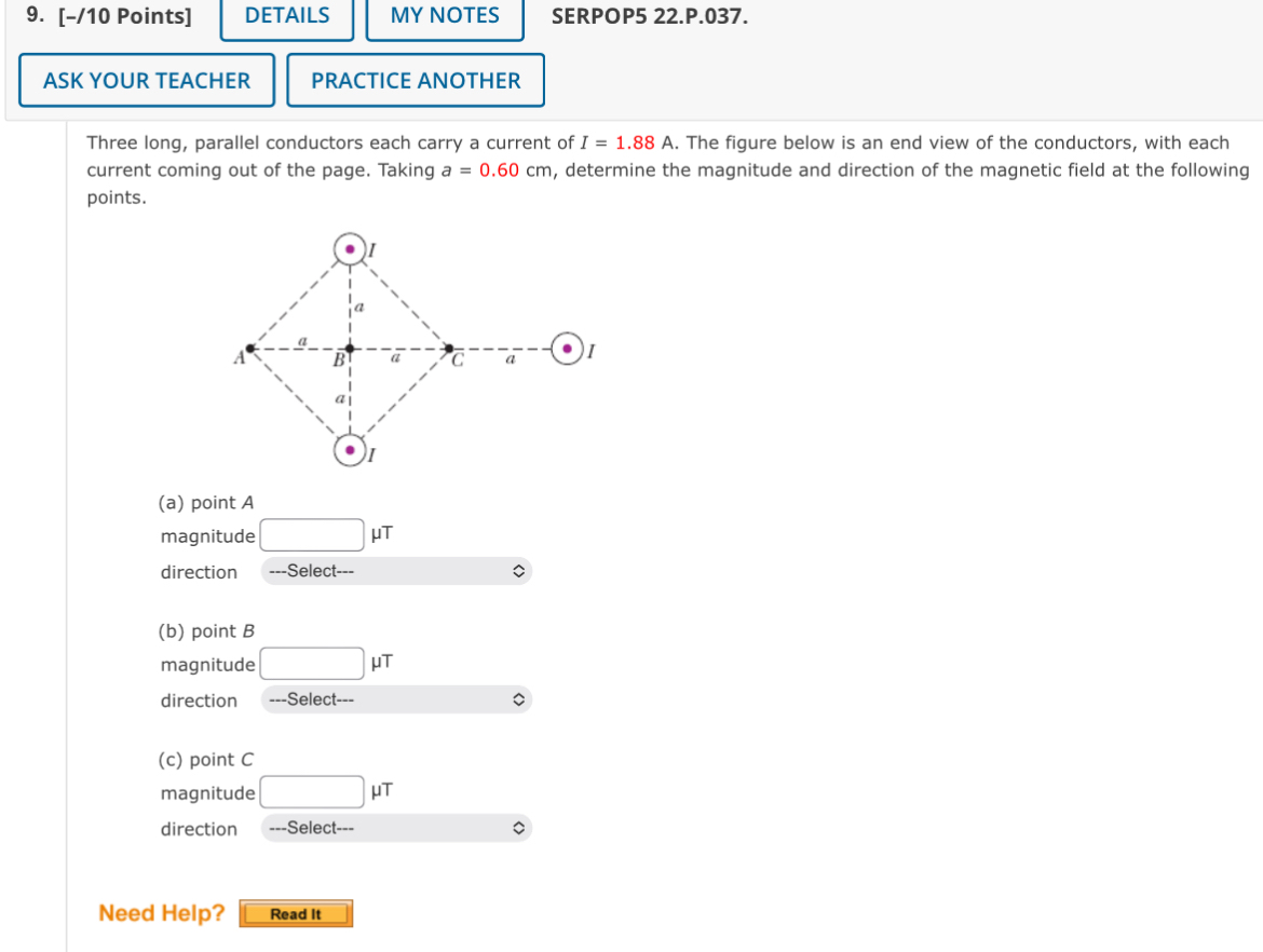 Solved [-/10 ﻿Points]SERPOP5 22.P.037.Three long, parallel | Chegg.com