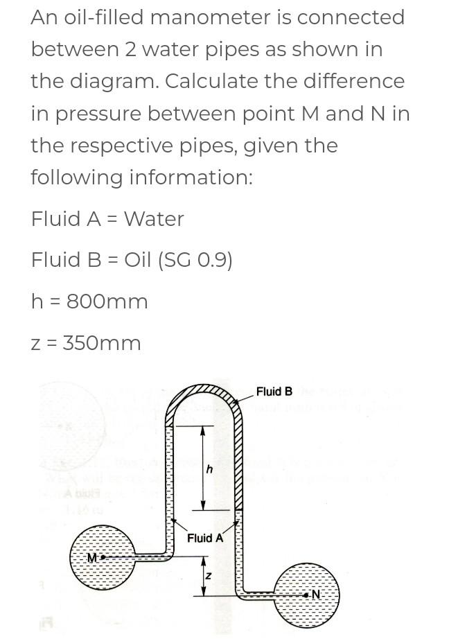 Solved An oil-filled manometer is connected between 2 water | Chegg.com