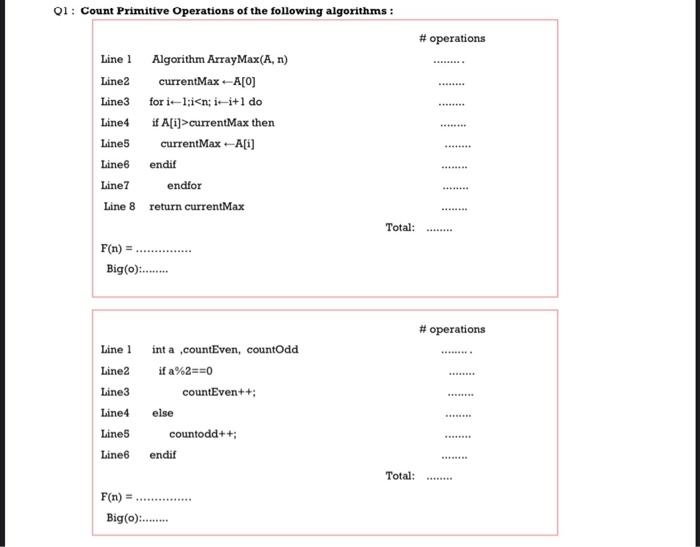 Solved Q1: Count Primitive Operations of the following | Chegg.com