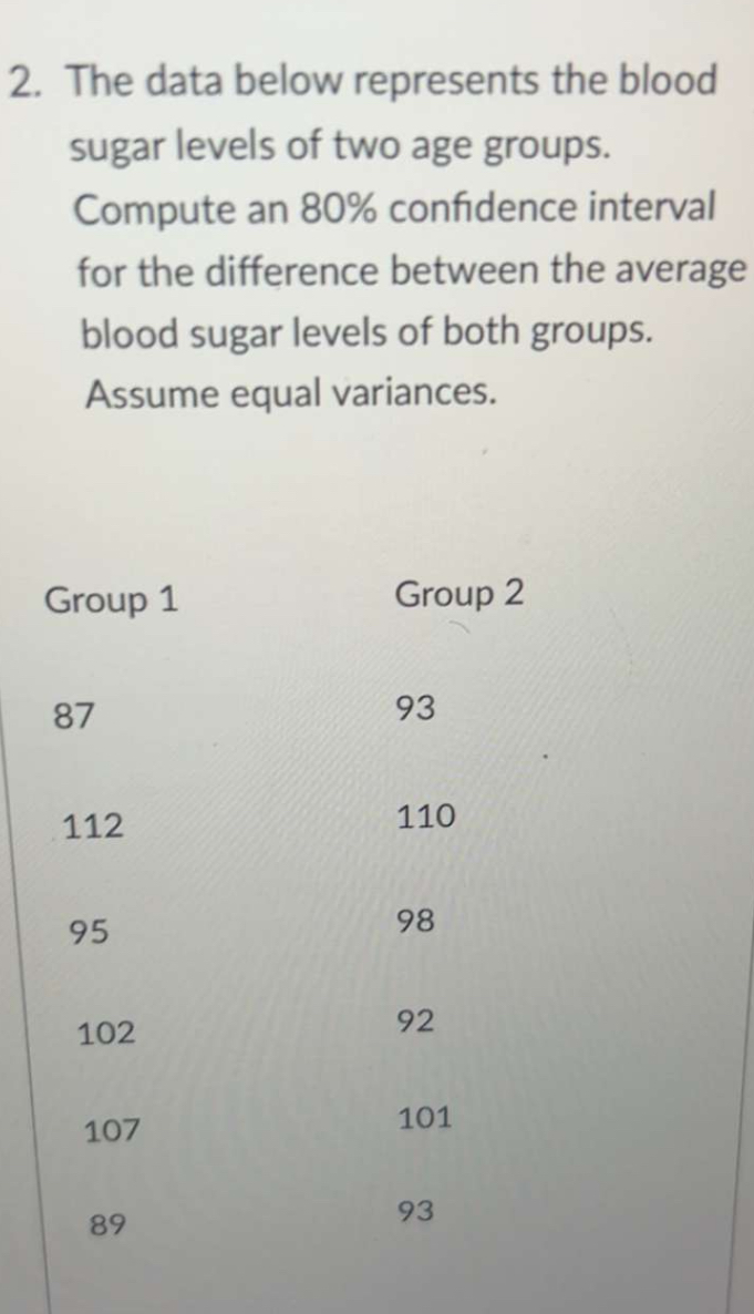 Solved The data below represents the blood sugar levels of | Chegg.com