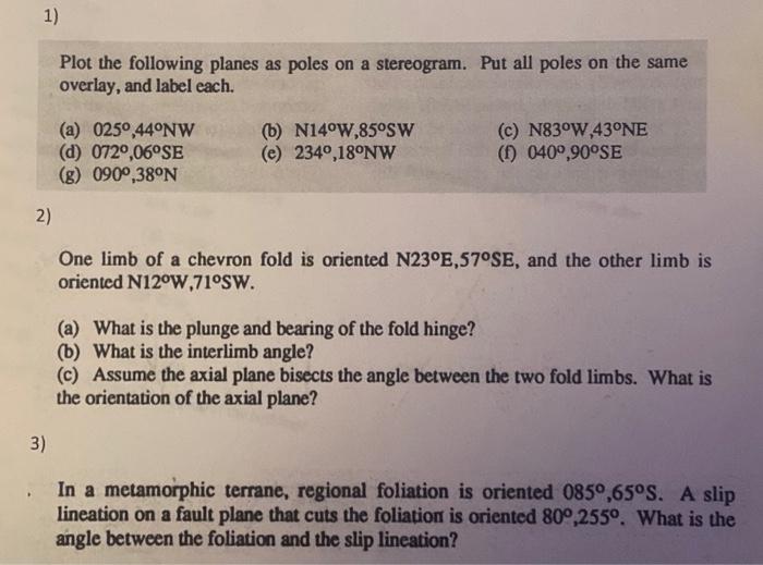 Plot the following planes as poles on a stereogram. | Chegg.com