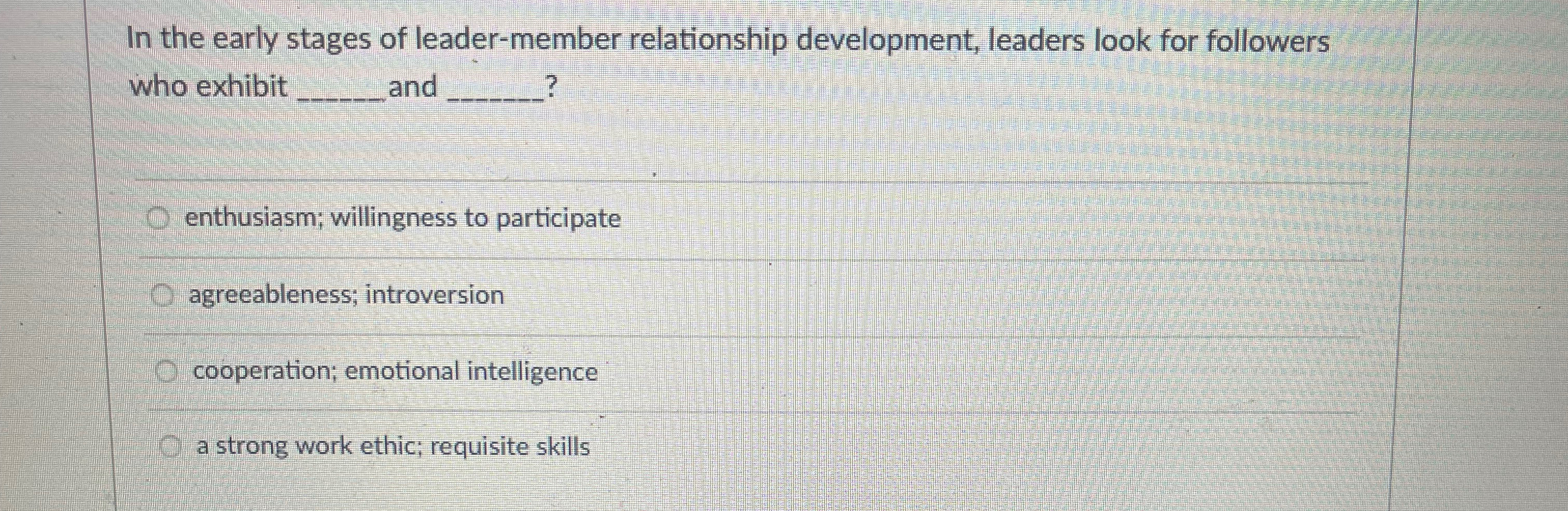 Solved In the early stages of leader-member relationship | Chegg.com