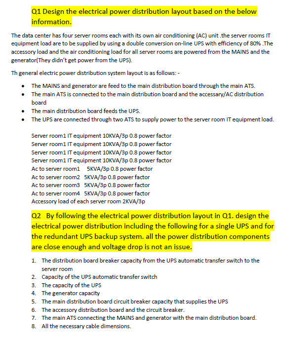 Solved Q1 Design the electrical power distribution layout | Chegg.com