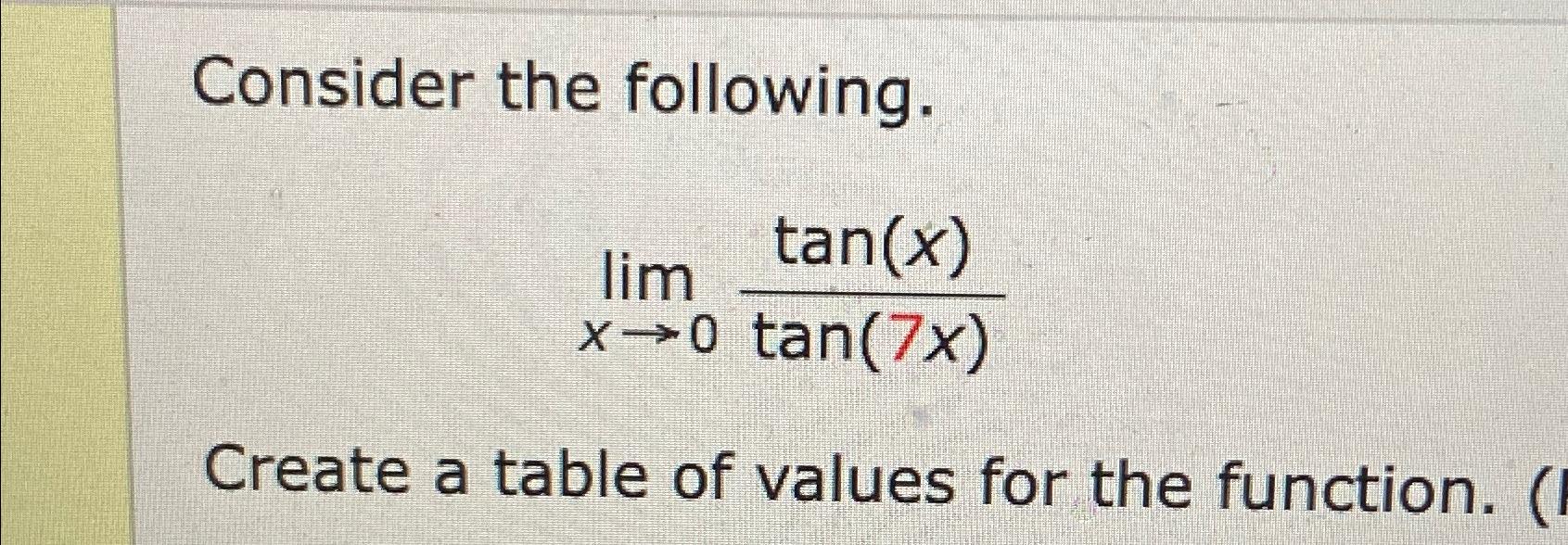 Solved Consider the following.limx→0tan(x)tan(7x)Create a | Chegg.com