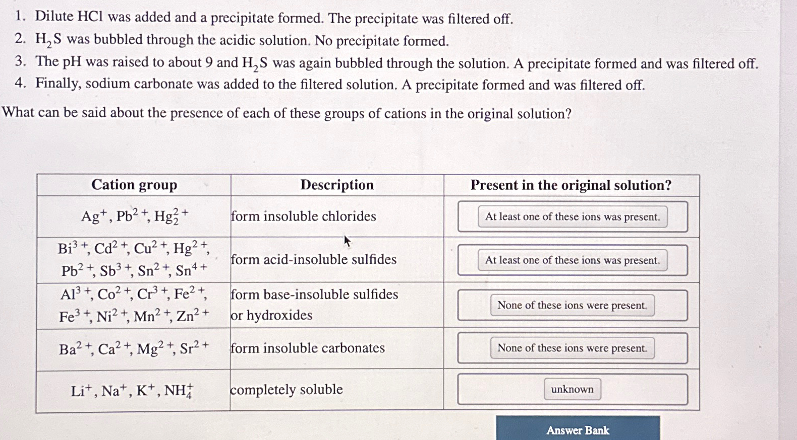 Solved Dilute HCl ﻿was added and a precipitate formed. The | Chegg.com