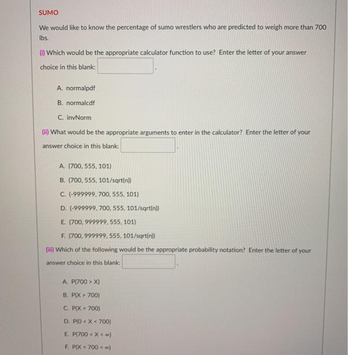 Solved Use the information below to answer the SUMO | Chegg.com