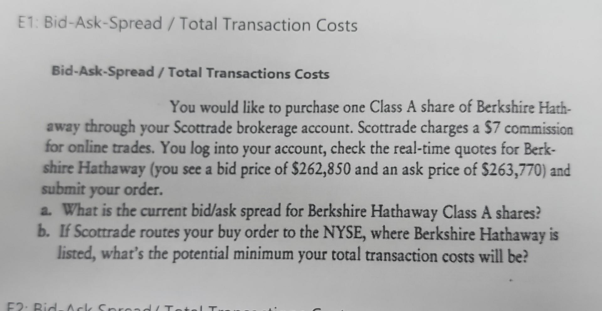 Solved E1: Bid-Ask-Spread / Total Transaction Costs | Chegg.com