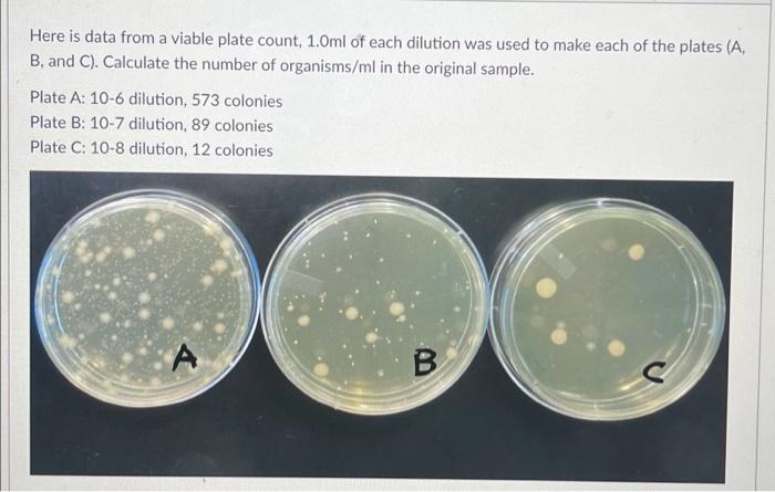 Solved Here is data from a viable plate count, 1.0ml of each | Chegg.com