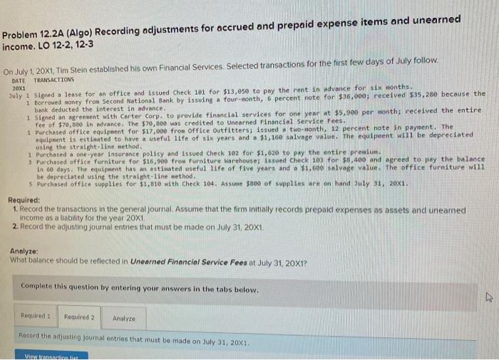 Solved Problem 12.2A (Algo) Recording adjustments for | Chegg.com
