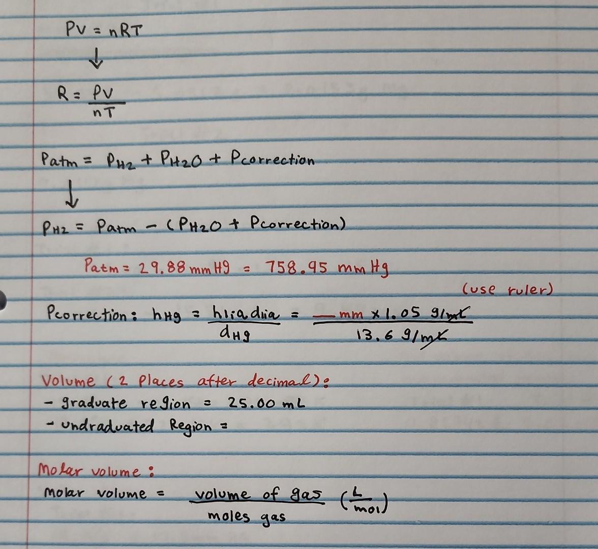 Solved PV = nRT V R= PV nt Patm = PH2 + PH₂O + Pcorrection t | Chegg.com