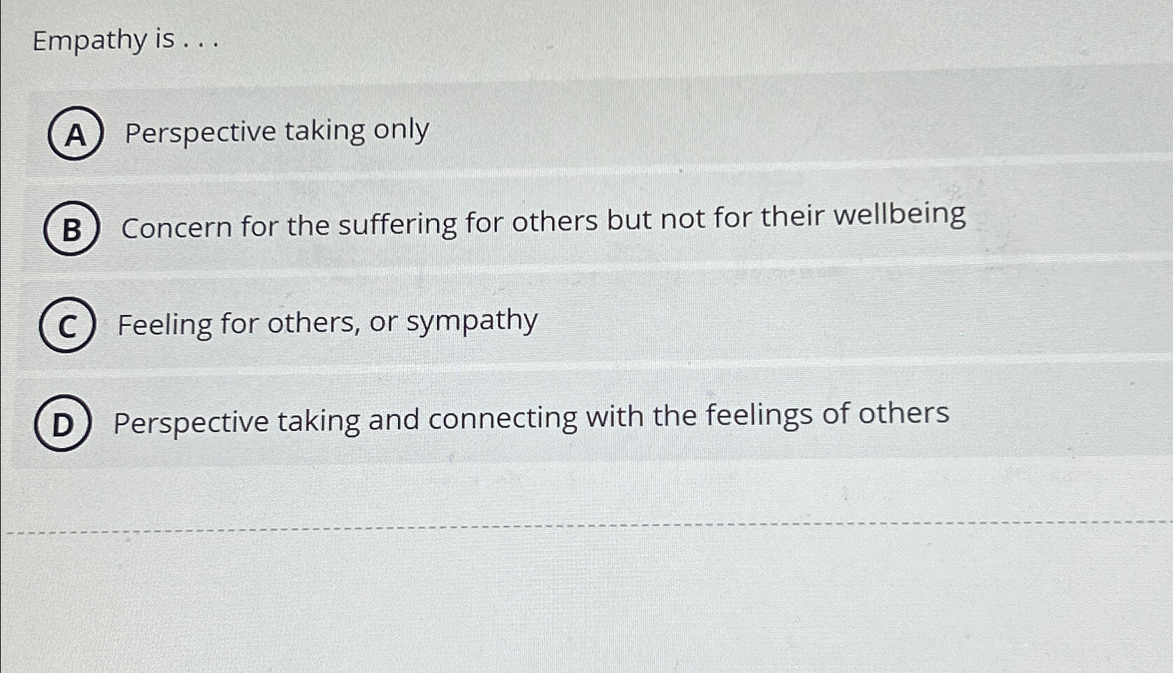 Solved Empathy is ... ﻿Perspective taking onlyConcern for | Chegg.com