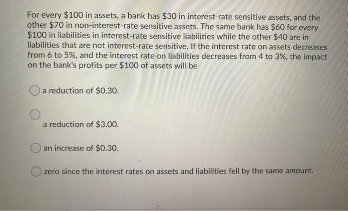 Solved For every $100 in assets, a bank has $30 in | Chegg.com