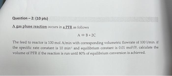Solved A gas phase reaction occurs in a PFR as follows | Chegg.com