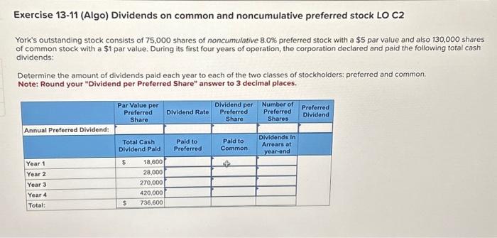 Solved Exercise 13-11 (Algo) Dividends on common and | Chegg.com