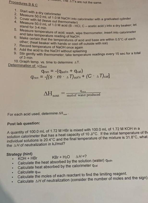 Solved Procedures B \& C 1. Start with a dry calorimeter 2. | Chegg.com