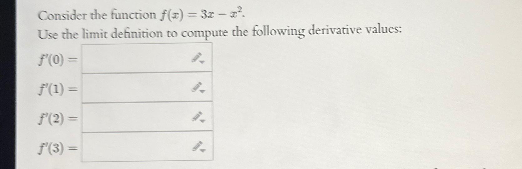 Solved Consider the function f(x)=3x-x2.Use the limit | Chegg.com