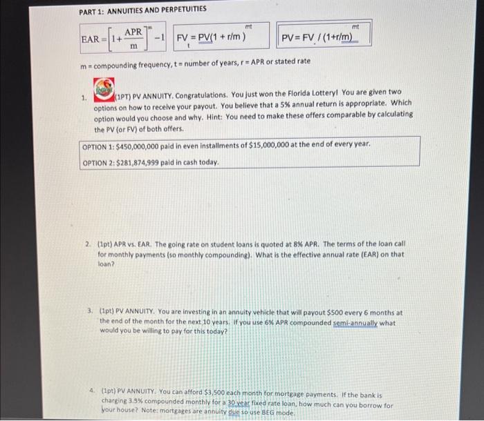 Solved PART 1: ANNUITIES AND PERPETUITIES | Chegg.com
