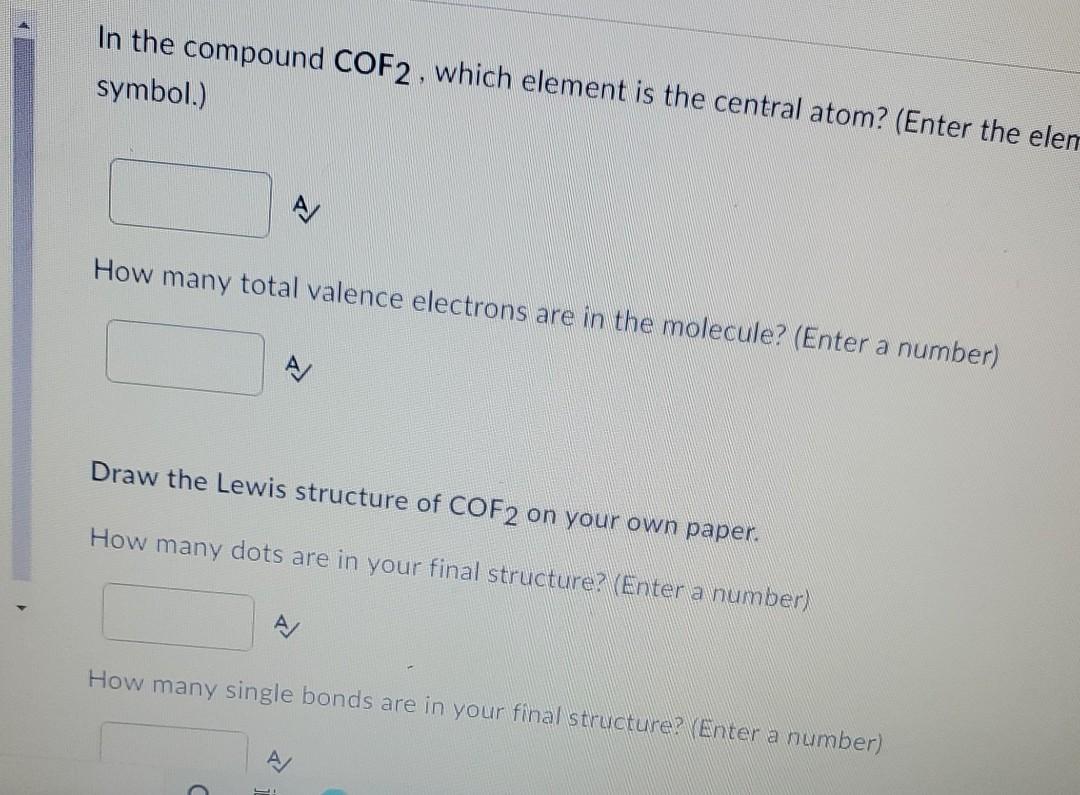 Solved In the compound COF2, which element is the central | Chegg.com