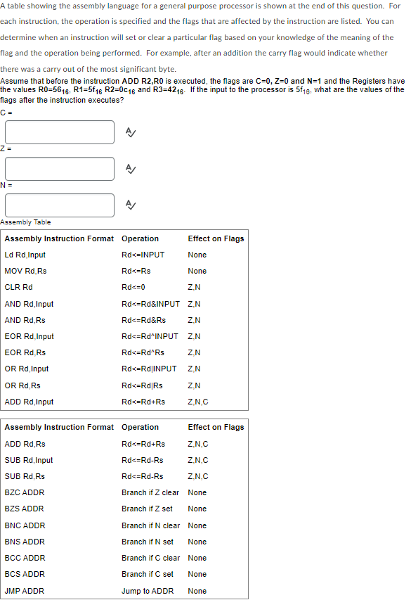 A table showing the assembly language for a general | Chegg.com