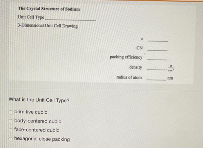 Solved The Crystal Structure of Sodium Unit Cell Type | Chegg.com