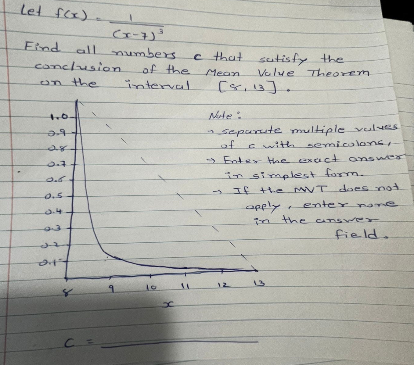 Solved Let f(x)=1(x-7)3Find all numbers c ﻿that satisfy the | Chegg.com