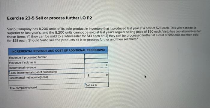 Solved Exercise 23-5 Sell or process further LO P2 Varto | Chegg.com