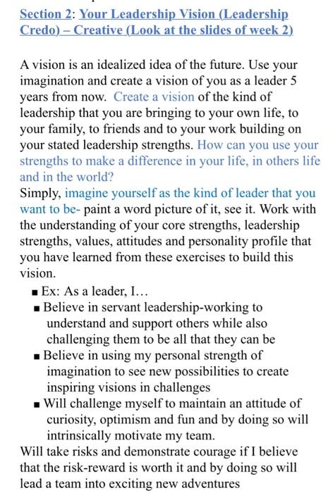 Section 2: Your Leadership Vision (Leadership Credo) | Chegg.com