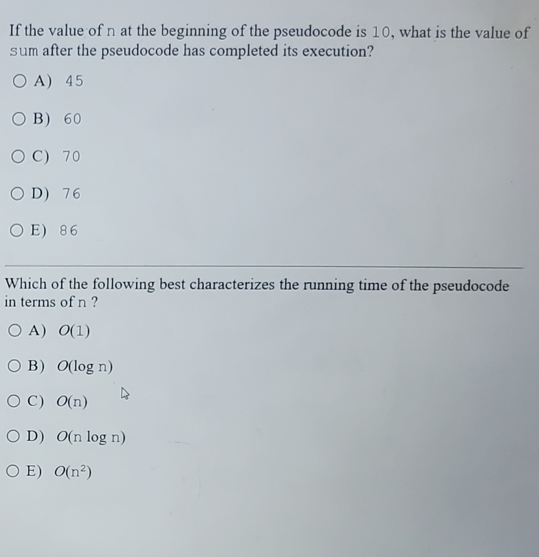 Solved If the value of n ﻿at the beginning of the pseudocode | Chegg.com