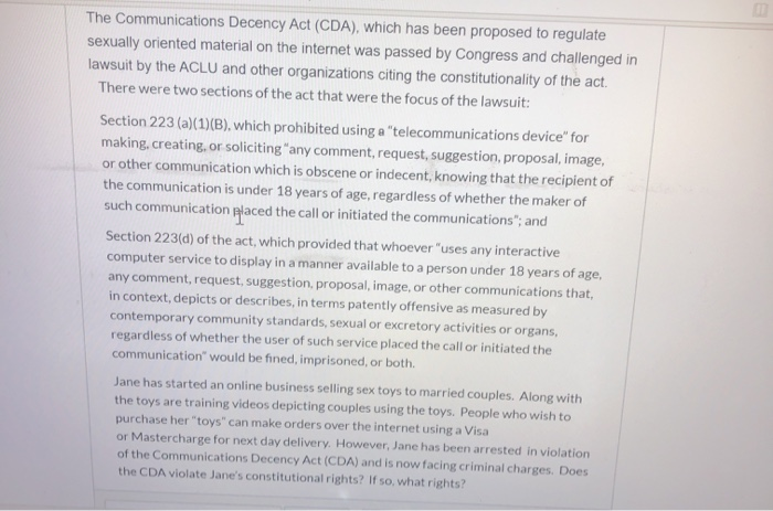 Solved The Communications Decency Act (CDA), which has been | Chegg.com